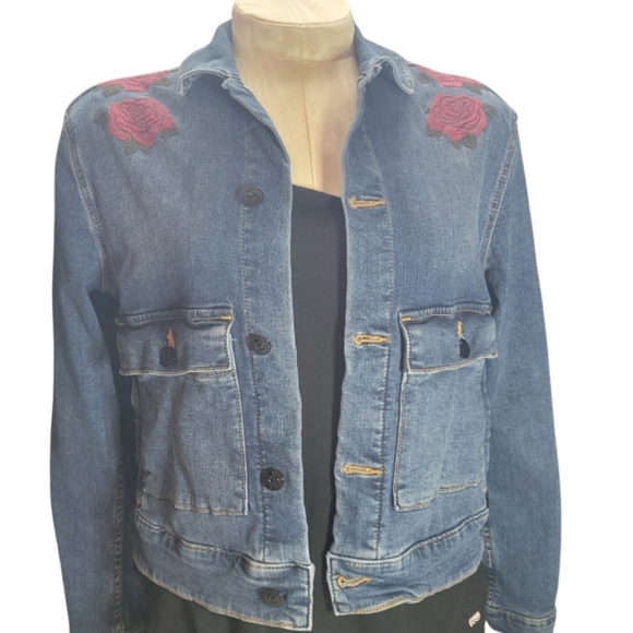 LuLaRoe | Jackets & Coats | Denim Jean Jacket Red Roses Crop Moto ...